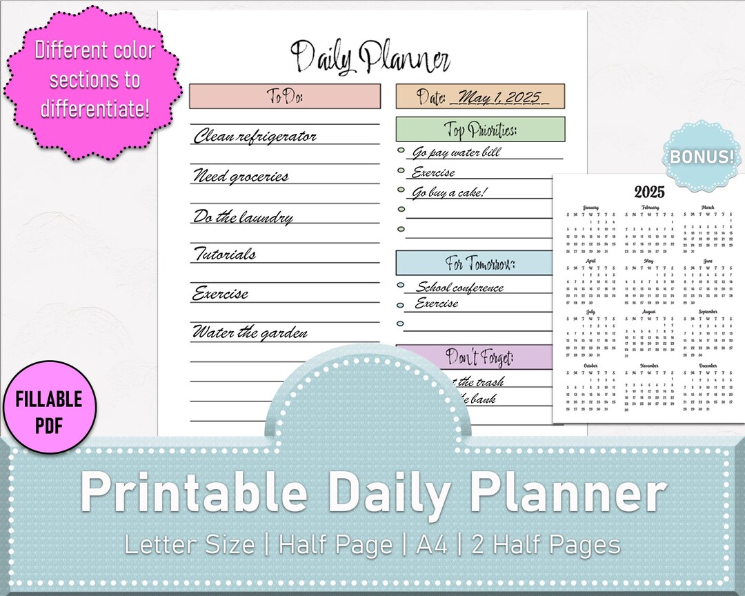 Fillable Daily Planner Template: Printable PDF (letter, A4, Half Page ...