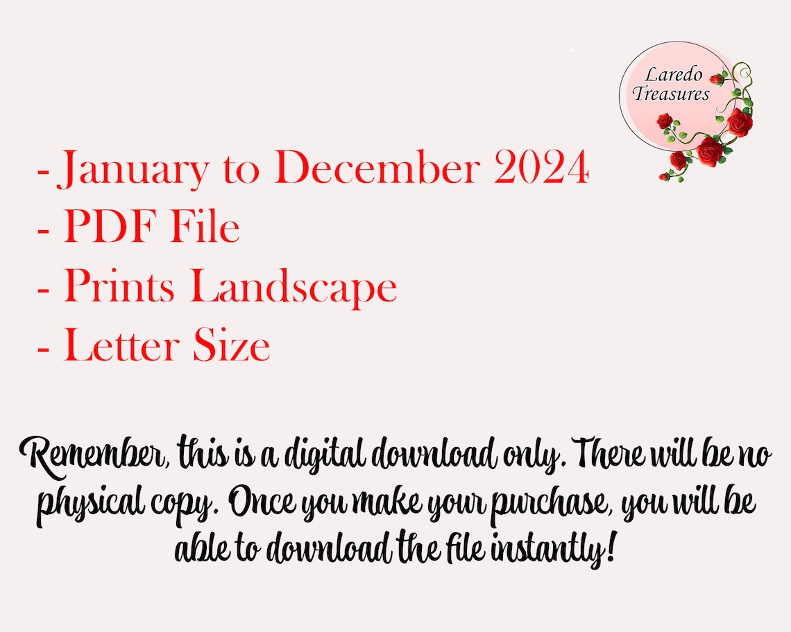 2024 Calendar PDF Calendar Digital Download Printable Calendar Office ...