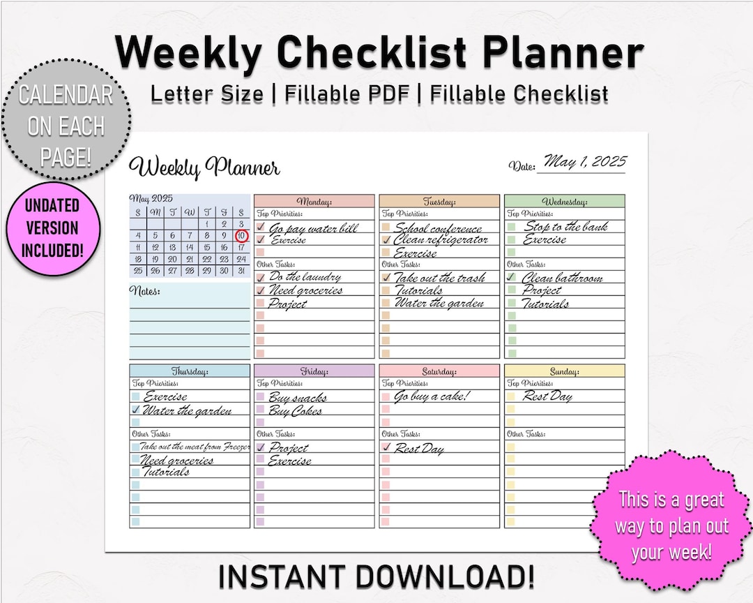 Weekly Checklist Planner: Fillable To-do List (printable PDF) - Etsy