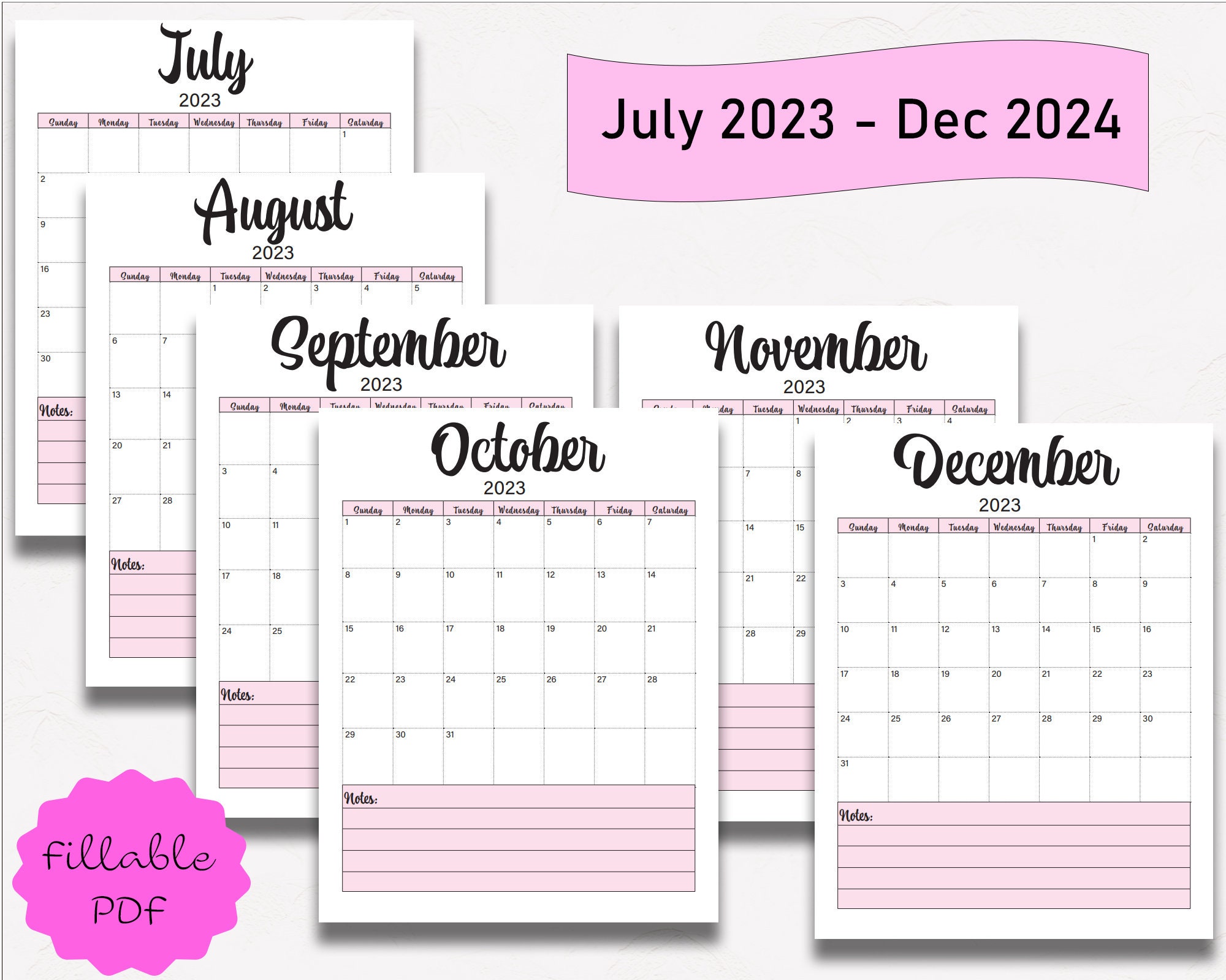 2024 Calendar Printable Calendar Fillable PDF Calendar Simple Pink ...