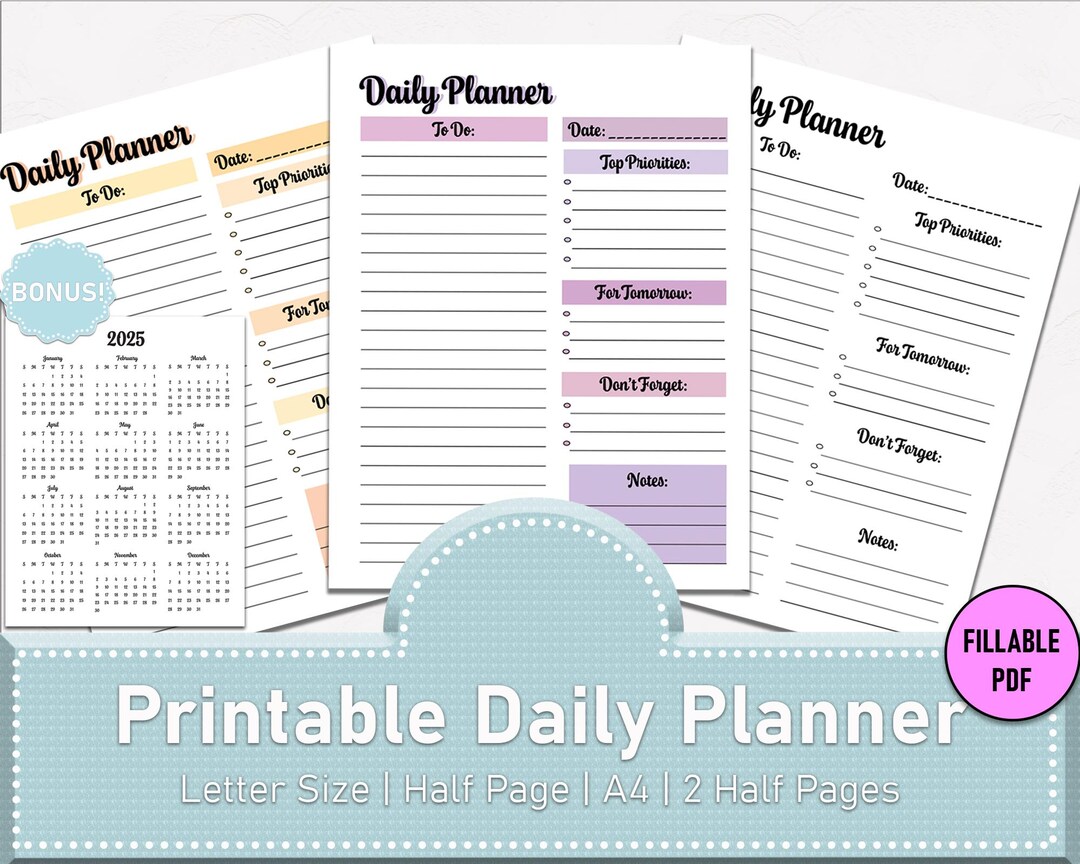 Fillable Daily Planner Template: A4, Letter, Half Size (PDF Digital ...