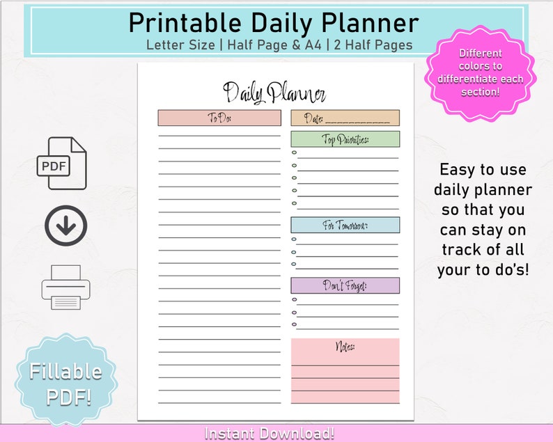 Printable Daily Planner Template Fillable Daily Planner PDF Digital ...