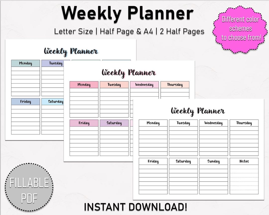 Printable Weekly Planner PDF Weekly Organizer Weekly Schedule Planner ...