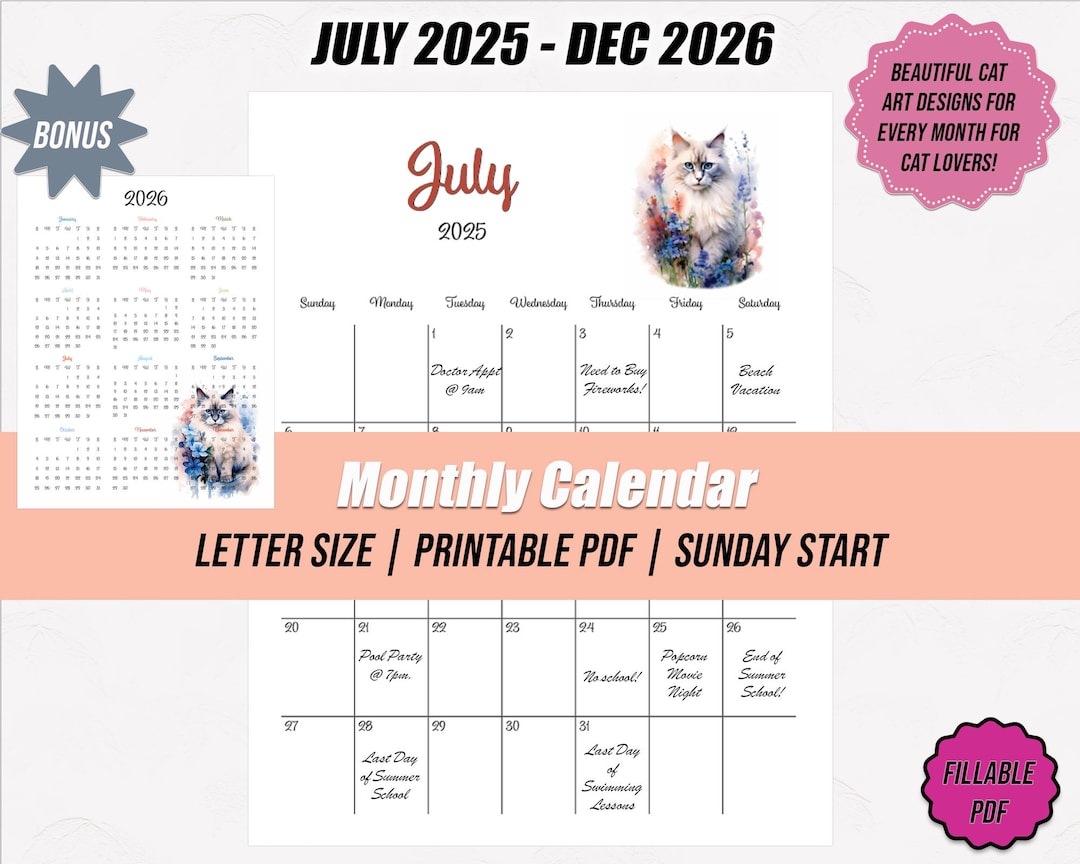 2025-2026 Cat Calendar Printable: Fillable Monthly Planner (PDF ...