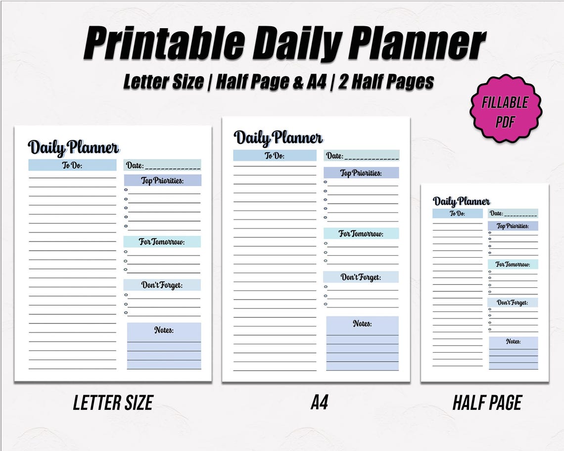 Printable Daily Planner Template: Fillable PDF Agenda (letter/a4/half ...