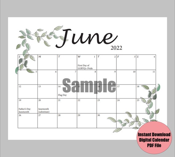 June 2022 Calendar PDF - Etsy