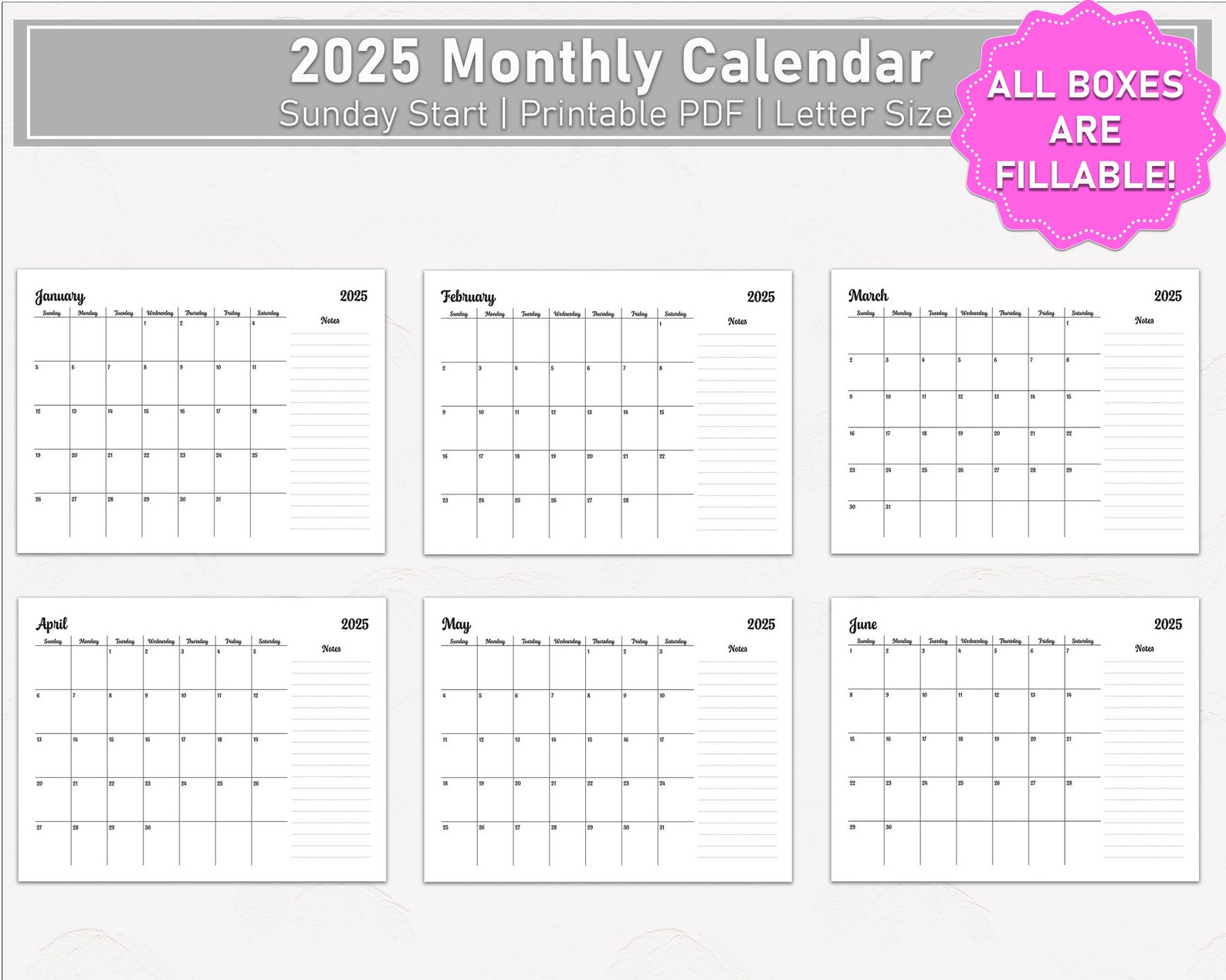 2025 Calendar 2025 Monthly Planner Fillable Minimalist Monthly Calendar ...