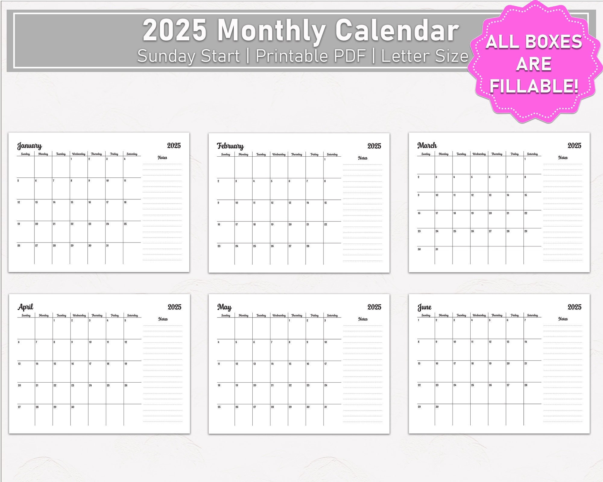 2025 Calendar 2025 Monthly Planner Fillable Minimalist Monthly Calendar ...