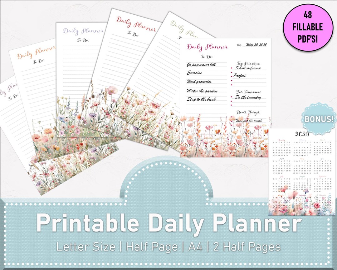 Floral Daily Planner Printable: Fillable PDF Template, 2025 Calendar ...