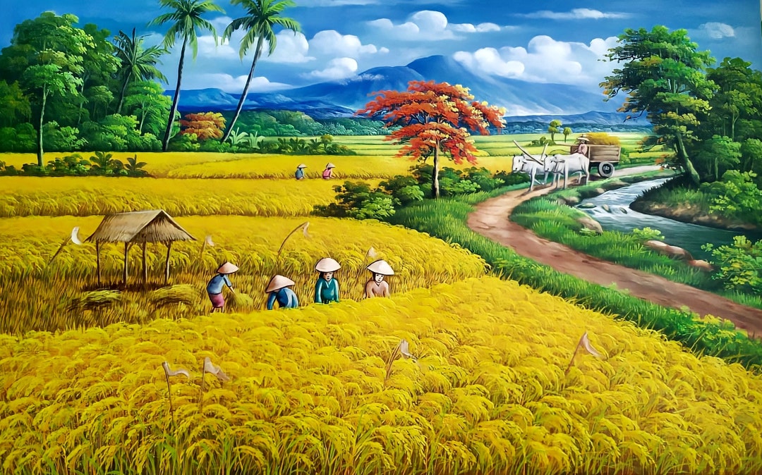 Beautiful Rice Harvest Painting With Realistic Details - Etsy