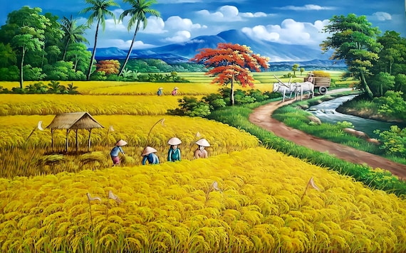 Beautiful Rice Harvest Painting With Realistic Details - Etsy