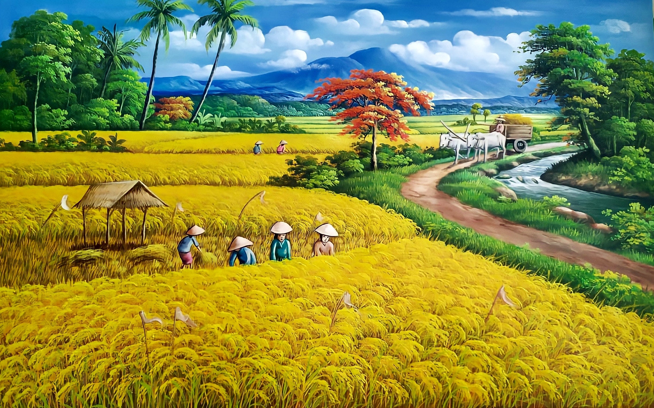Beautiful Rice Harvest Painting With Realistic Details - Etsy