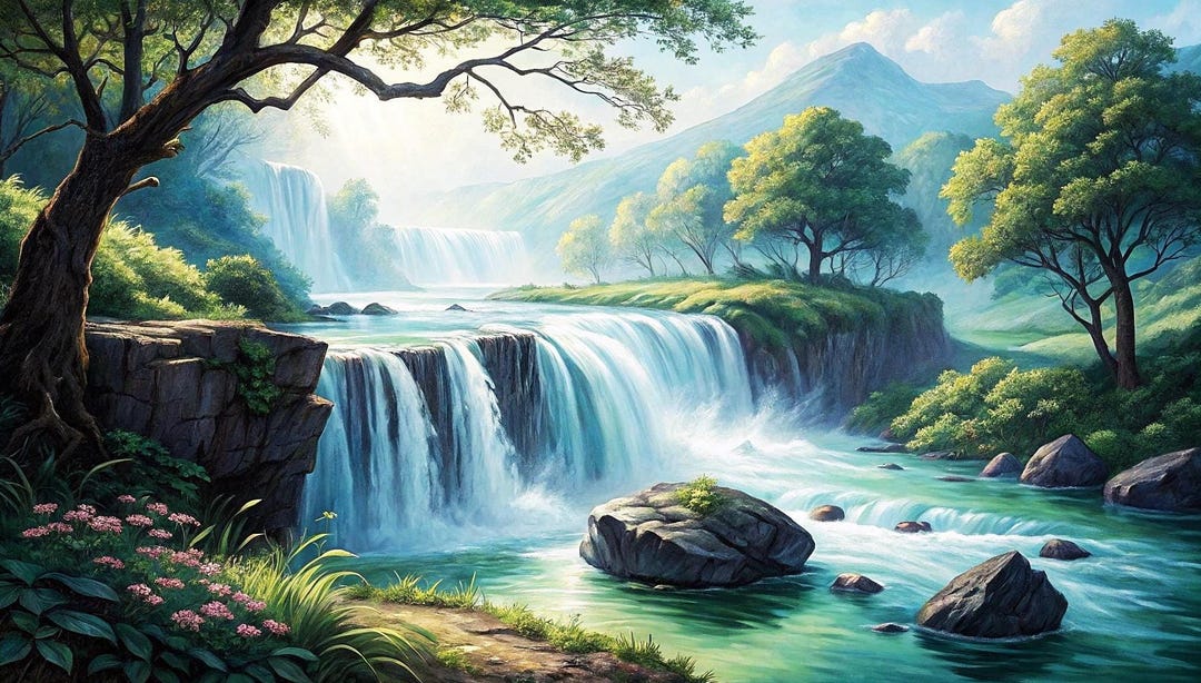 Two-tier Waterfall Painting: A Breathtaking Natural Beauty - Etsy