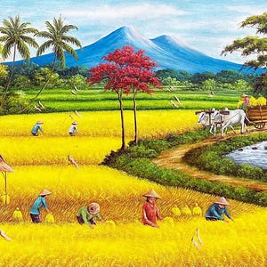 Rice Paddy Harvest Painting With Vibrant Village Life - Etsy