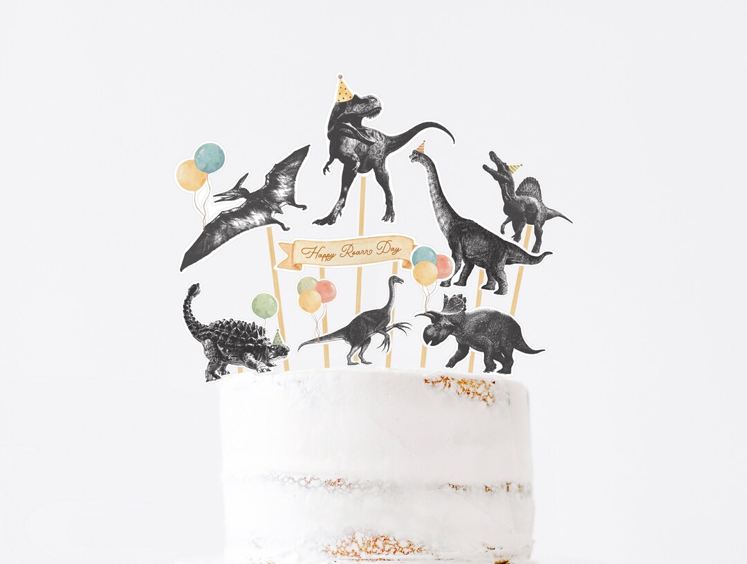 Dinosaur Cake Toppers, Printable Birthday Party Decorations, Happy ...