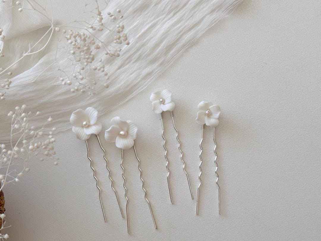 Minimalist Dainty Bride White Porcelain Clay Flower Hairpin, Bridal ...