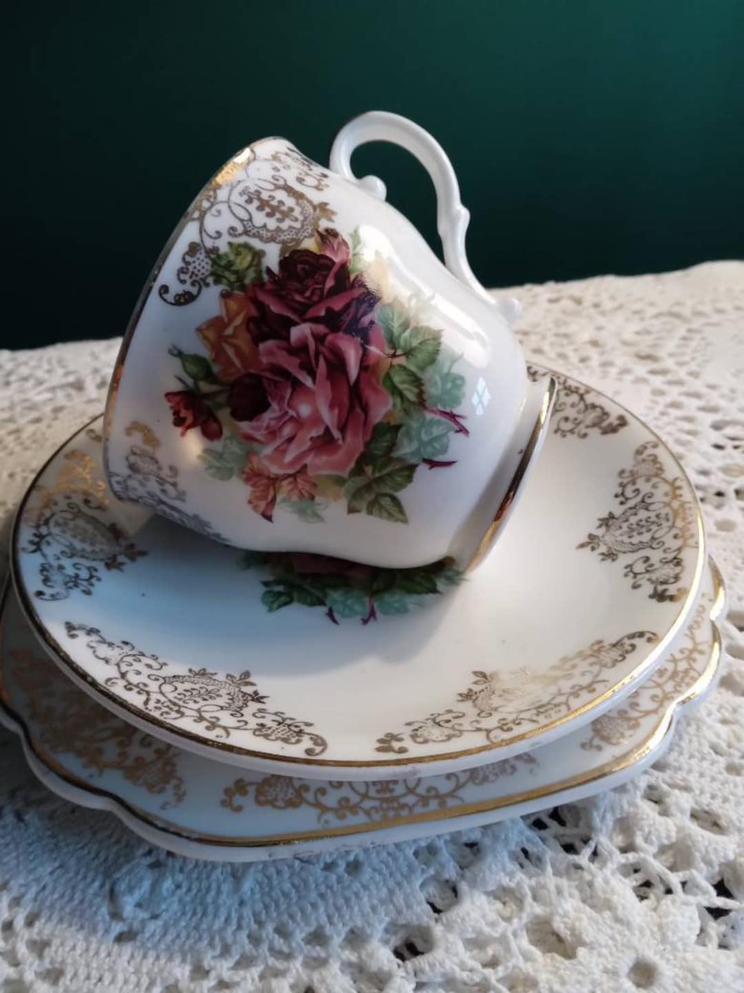 Vintage Stanley Fine Bone China Trio. Gorgeous Dark Red Rose Design ...