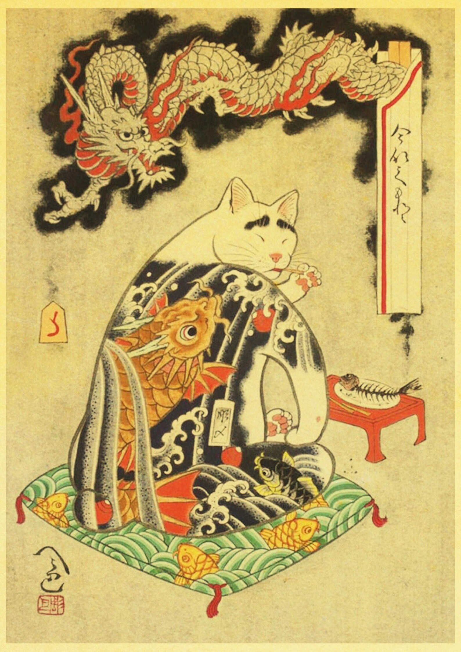 Japanese Samurai Cat Tattoo Cat Retro Posters Kraft Wall Paper - Etsy