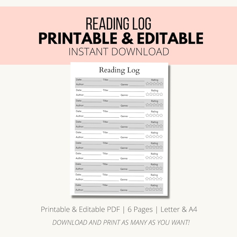 Reading Log Editable Printable | Book List Tracker | Books to Read ...
