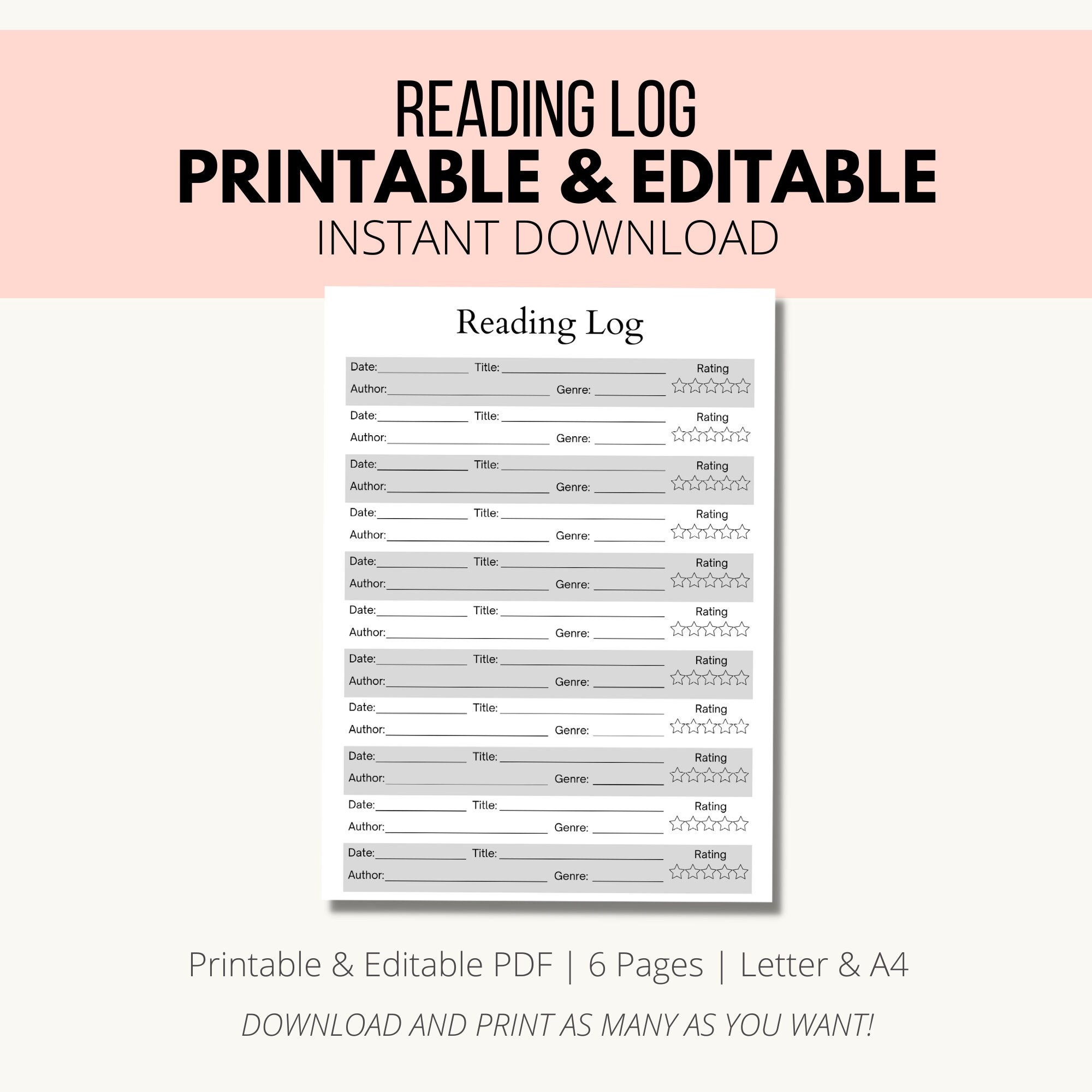 Reading Log Editable Printable Book List Tracker Books to Read Planner ...