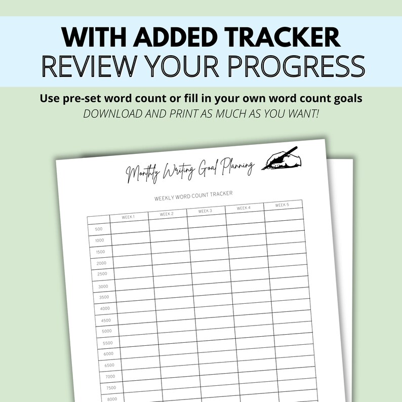 Monthly Writing Goal Planner | Word Count Tracker | Affirmations for ...