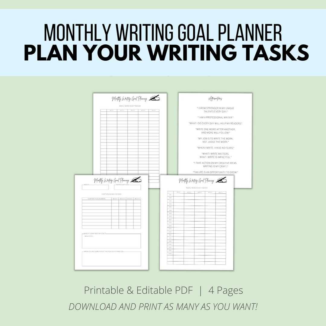 Monthly Writing Goal Planner | Word Count Tracker | Affirmations for ...