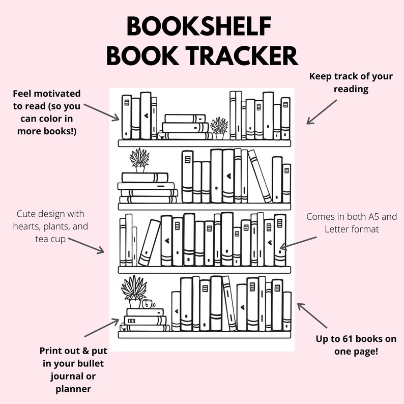 Bookshelf Book Tracker Printable Reading Log Yearly Monthly Reading ...