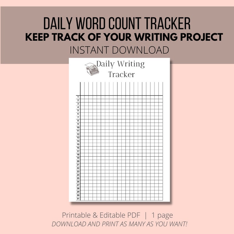 Daily Word Count Tracker | Writing Tracker for Writers | A4 | Instant ...
