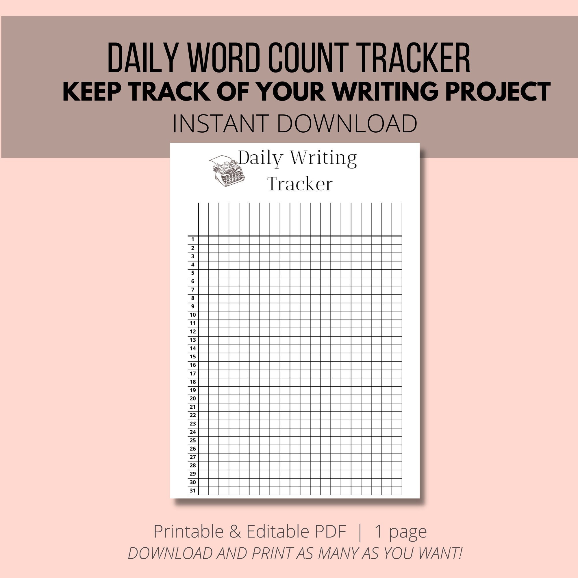 Daily Word Count Tracker | Writing Tracker for Writers | A4 | Instant ...