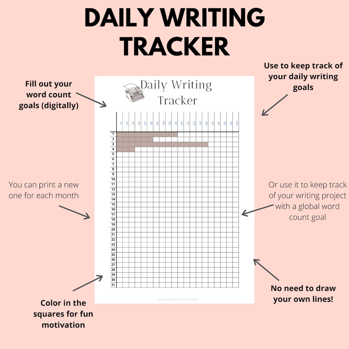 Daily Word Count Tracker Writing Tracker for Writers A4 Instant PDF ...