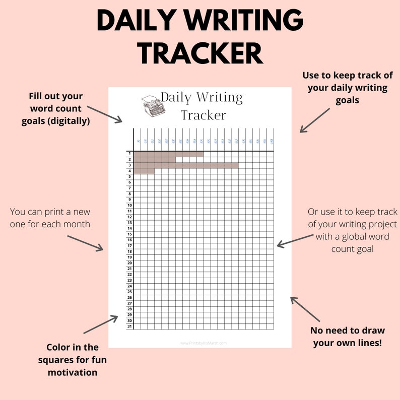 Daily Word Count Tracker | Writing Tracker for Writers | A4 | Instant ...