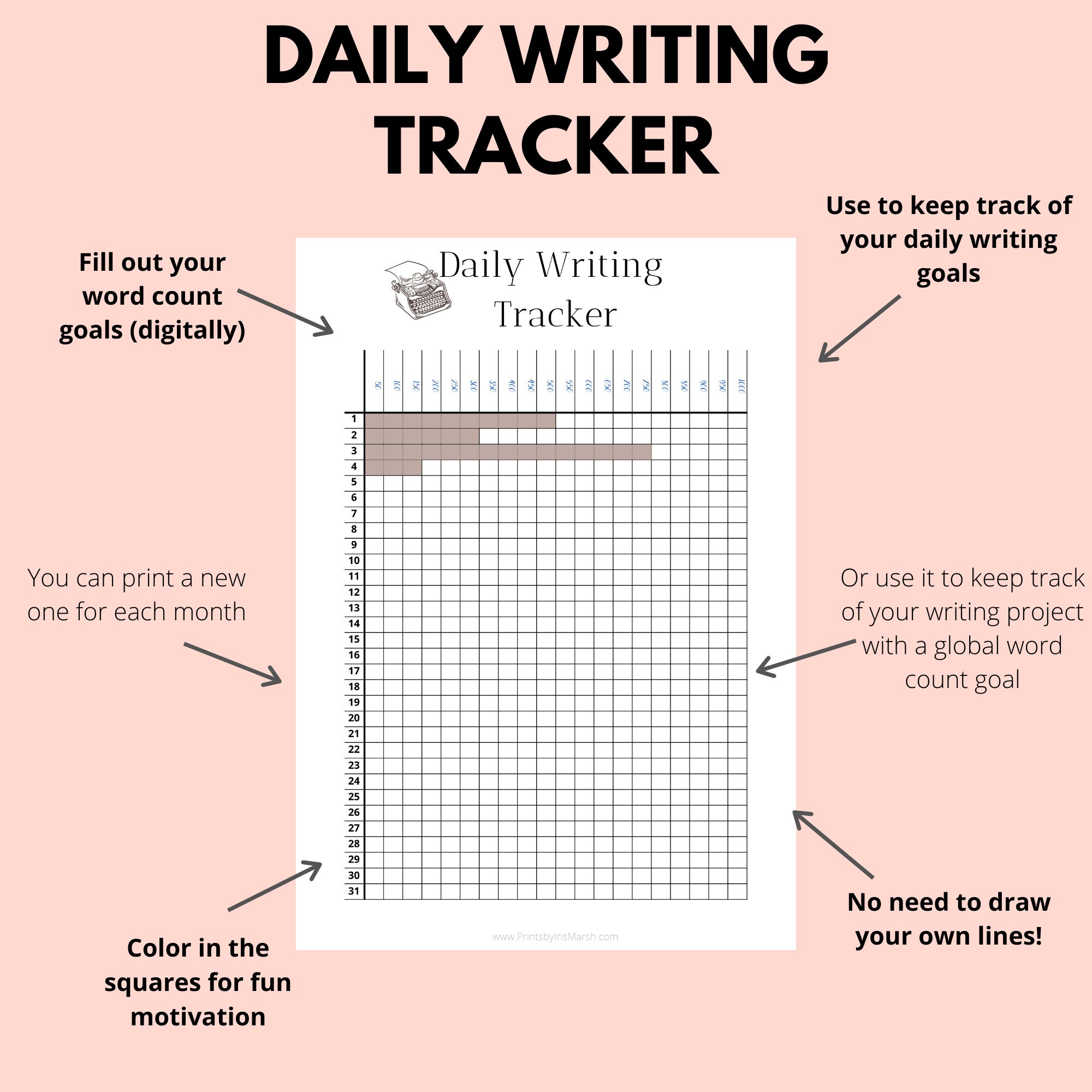 Daily Word Count Tracker | Writing Tracker for Writers | A4 | Instant ...