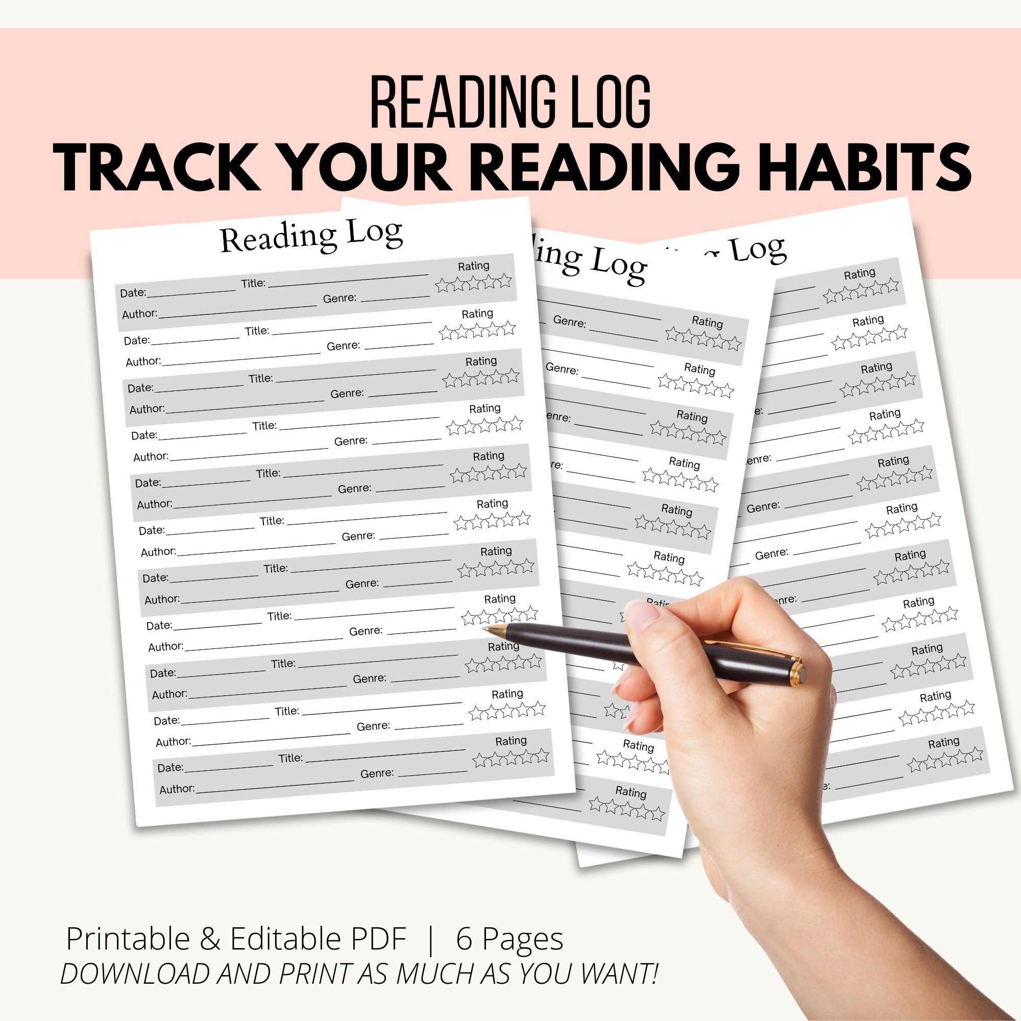 Reading Log Editable Printable Book List Tracker Books to Read Planner ...