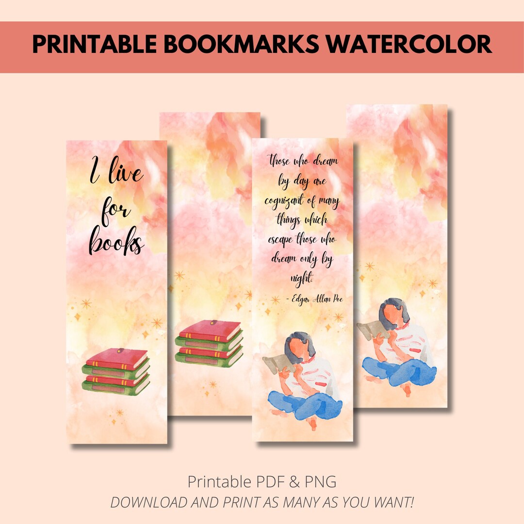 Aquarel Printable Bookmark Books | Digital Bookmark Set | Orange & Pink ...