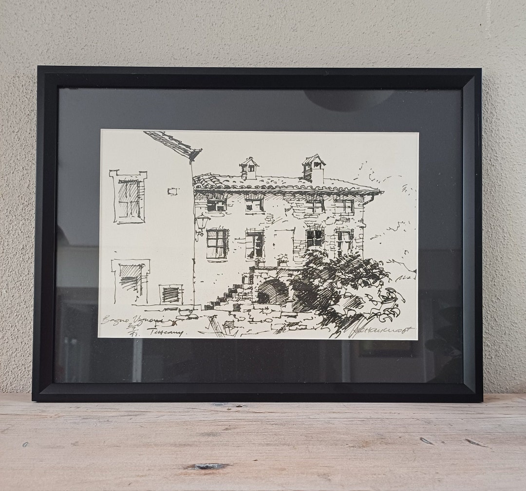 Original Ink Sketch by John Harcourt, Vintage Framed Artwork Tuscany ...
