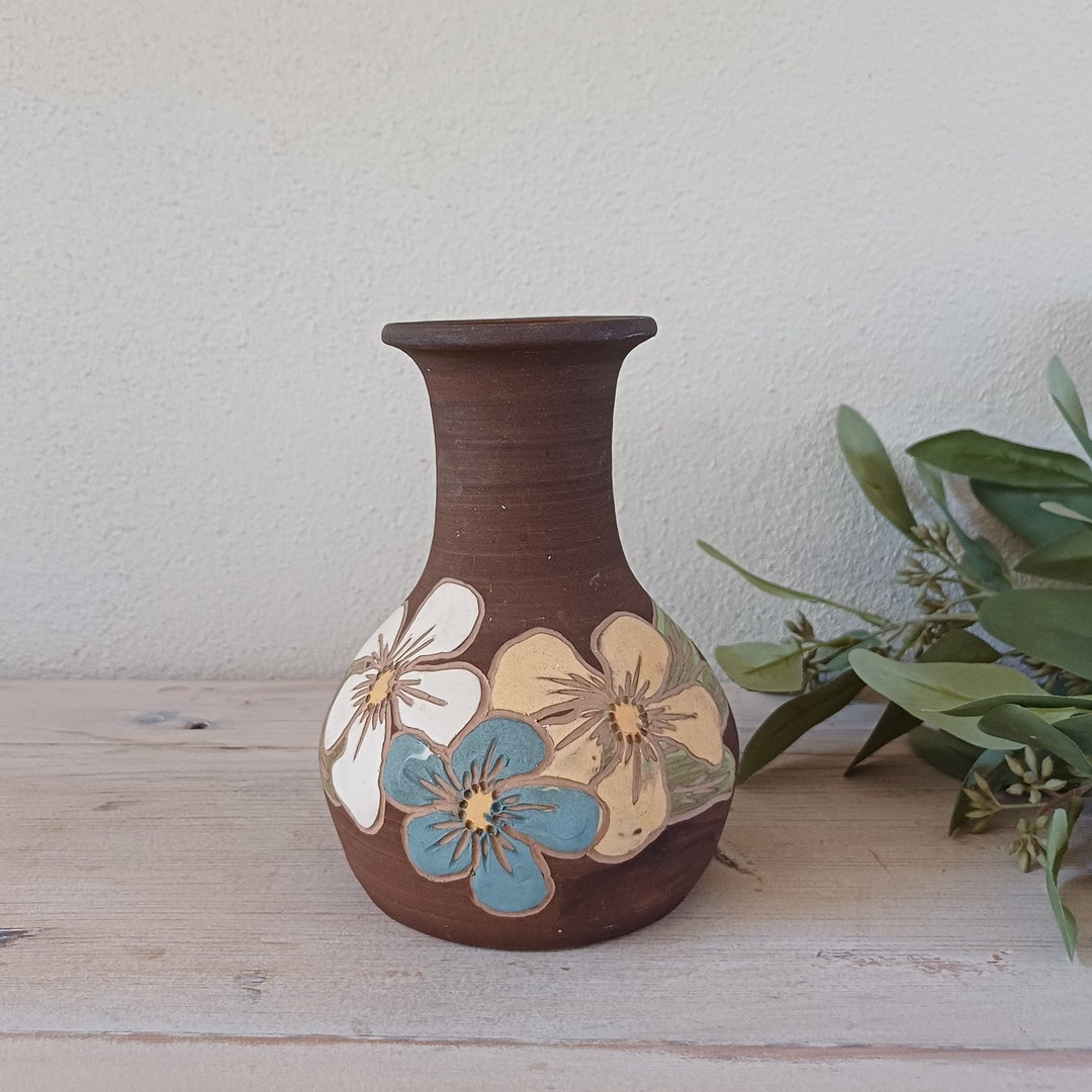 Sayer's Pottery 70's Vase, Vintage Brown Blue Floral Australian ...