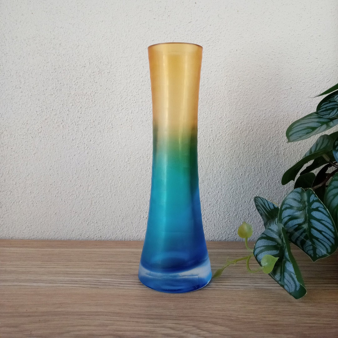 Satin Glass Vase Shaded Blue Green Yellow Vintage Battuto - Etsy