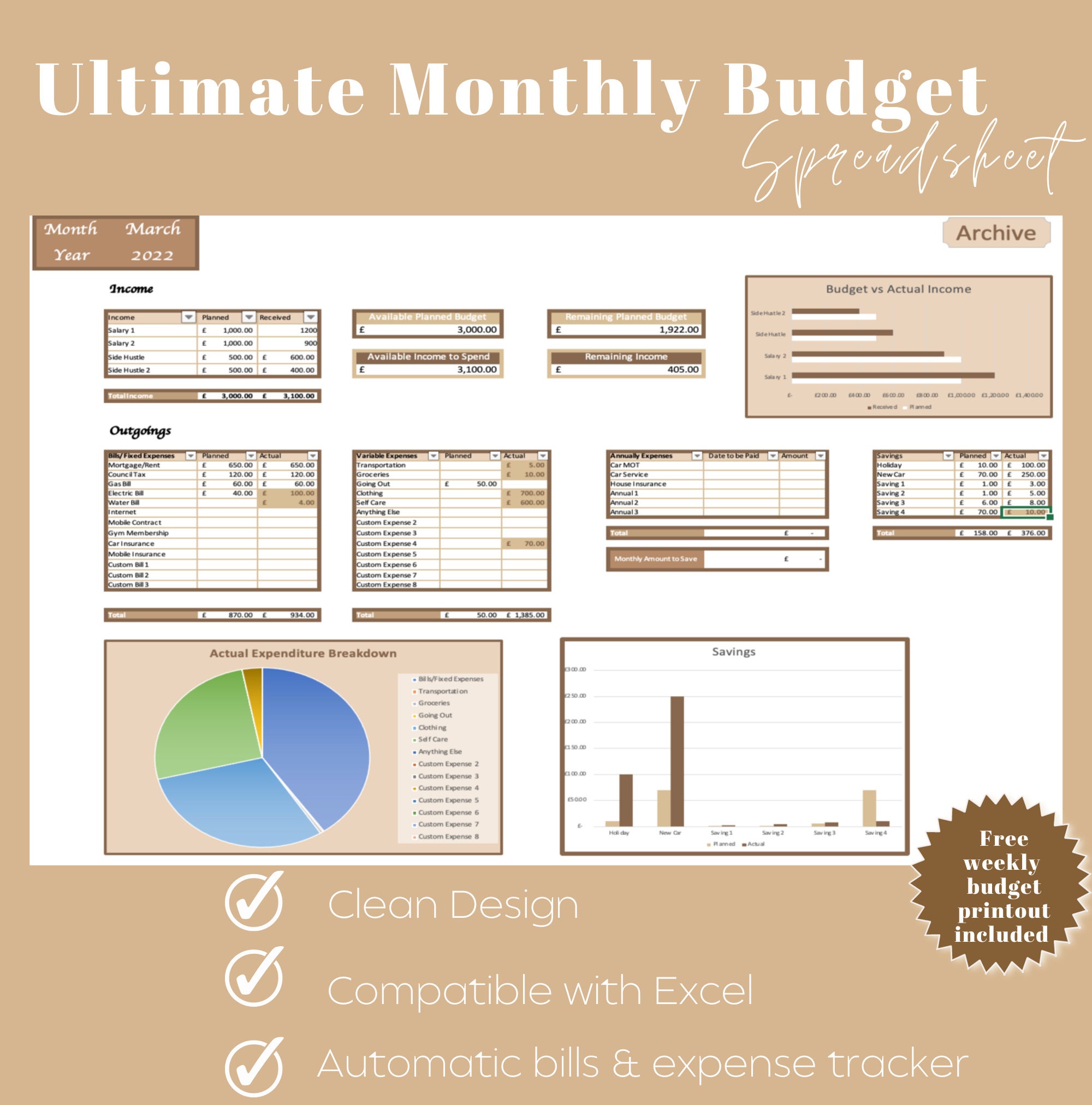 Euro Monthly Budget Spreadsheet, Excel Budget Template, Excel ...