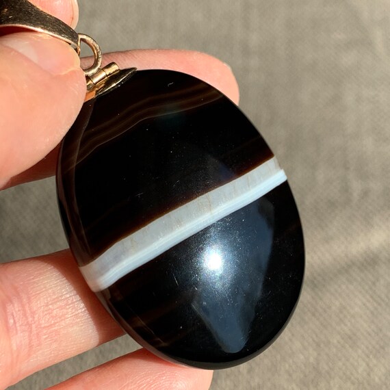 Victorian Era Large Oval Banded Agate Pendant Charm w… - Gem