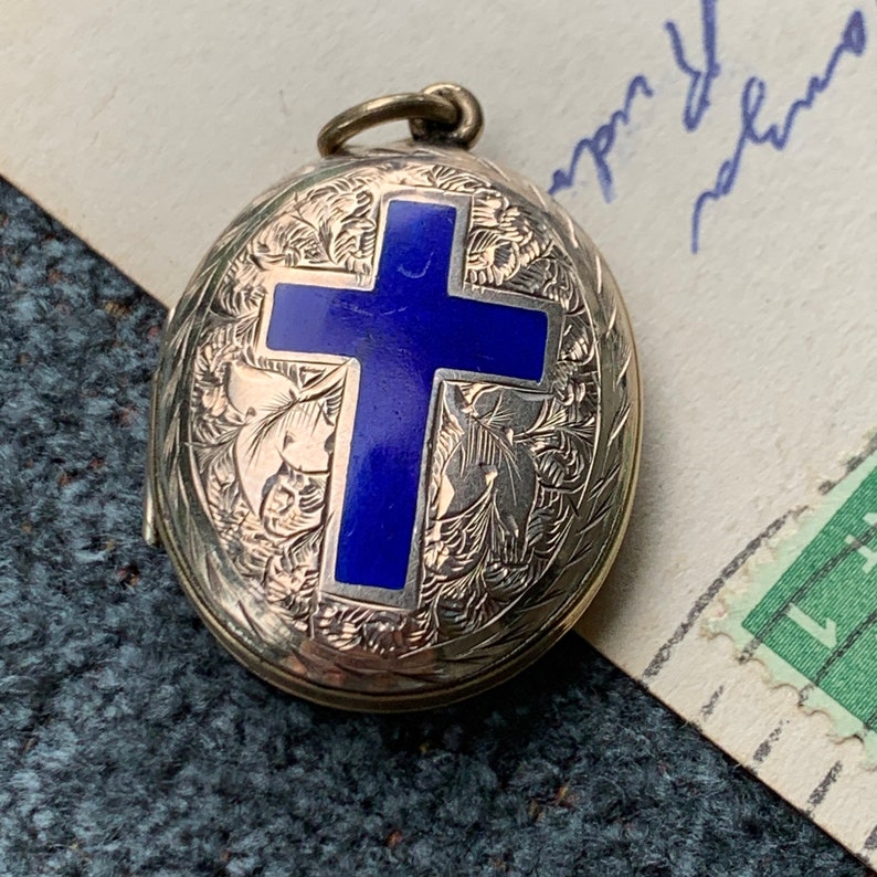Large Antique 14K Gold Filled Victorian Locket With Blue Enamel Cross ...