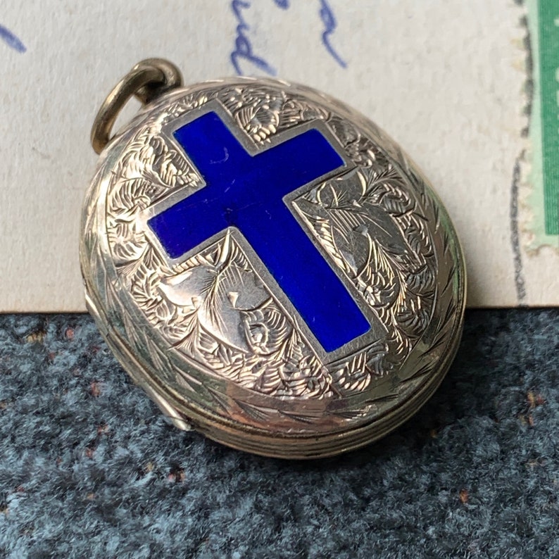 Large Antique 14K Gold Filled Victorian Locket With Blue Enamel Cross ...