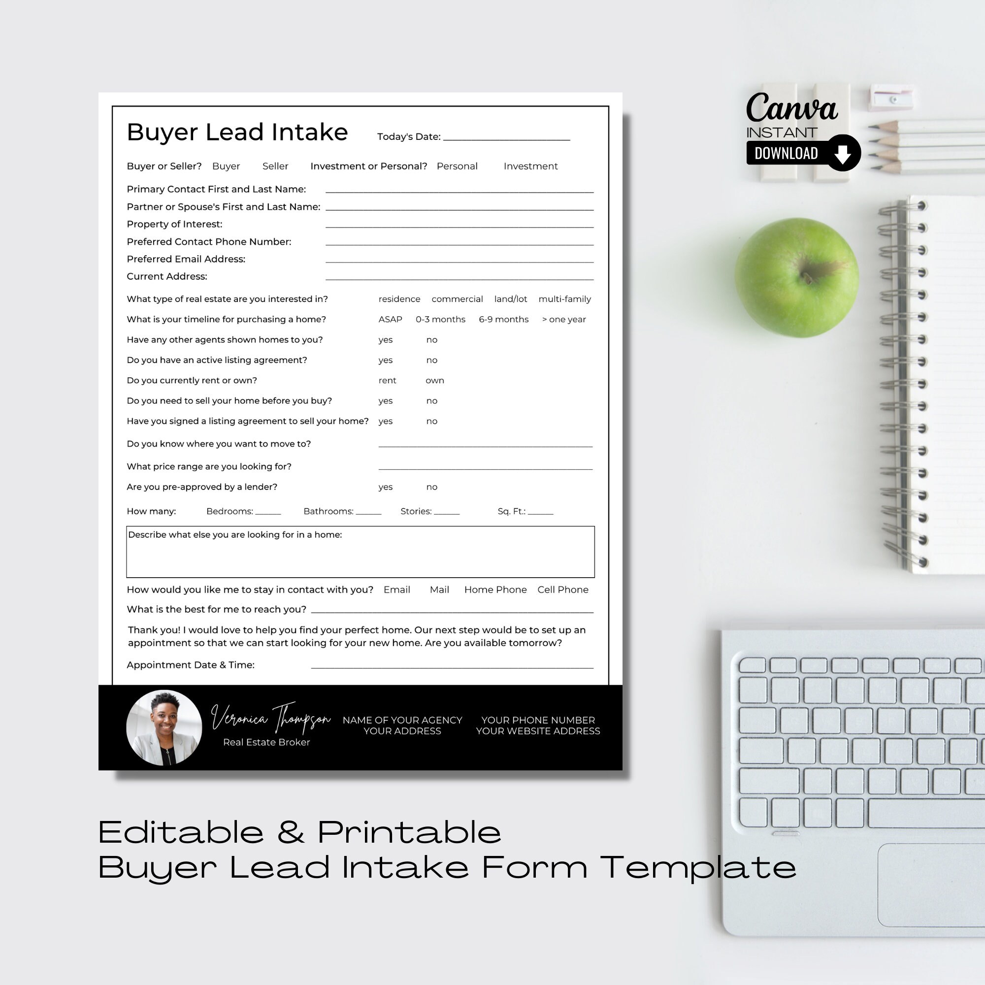 Editable Real Estate Lead Intake Sheet, Printable Buyer Questionnaire ...