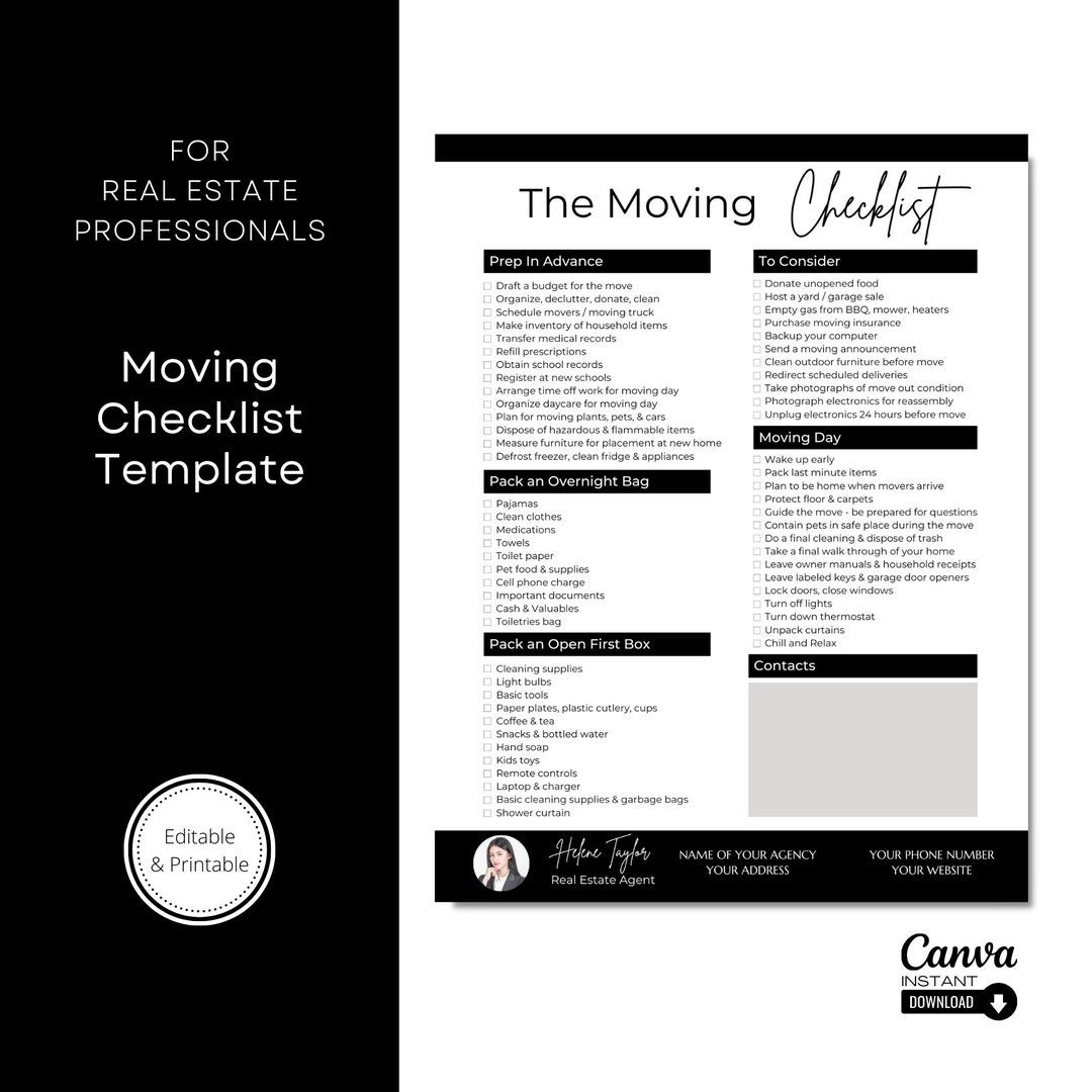 Real Estate Moving Checklist, Realtor Moving Guide, Printable Moving to ...