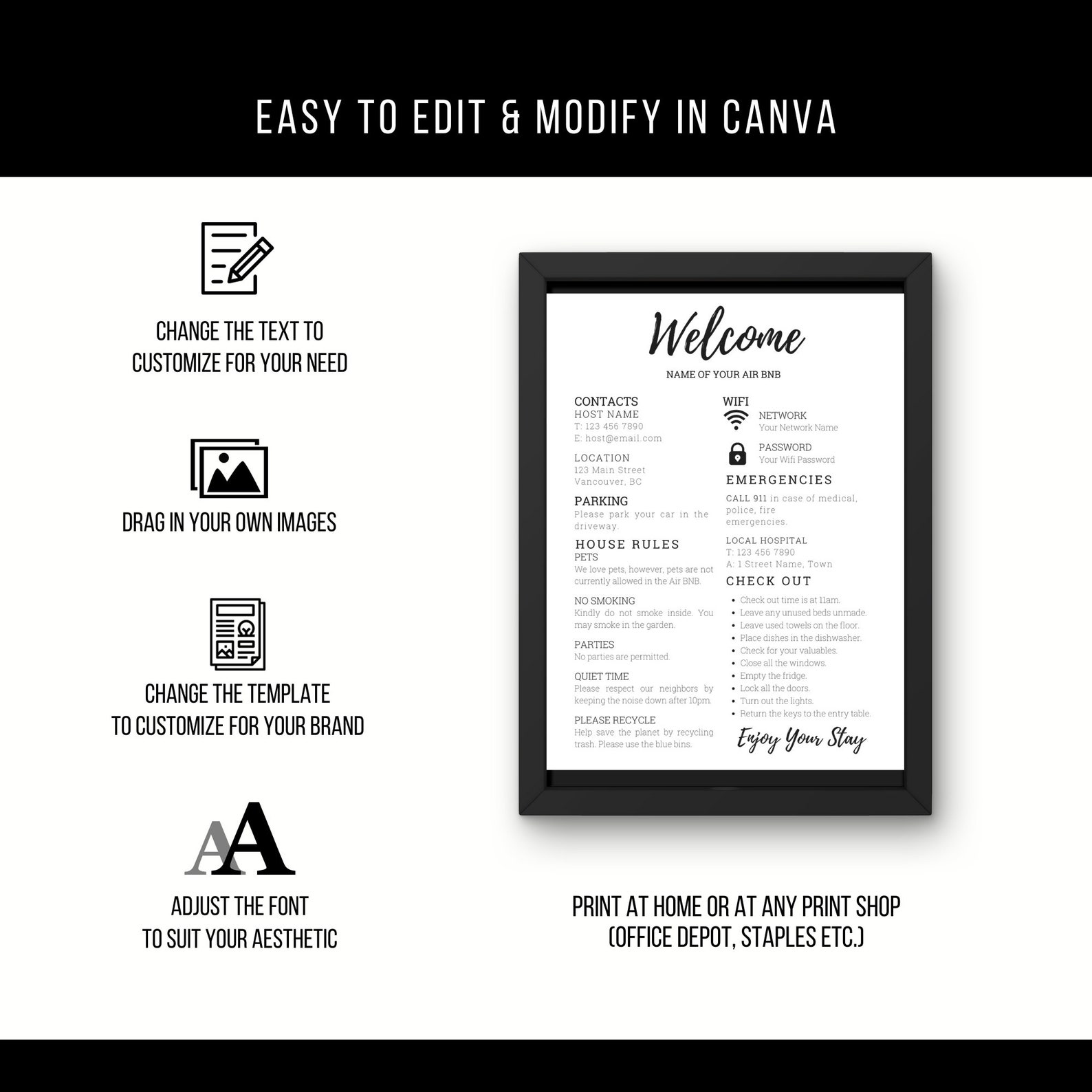 One Page Air BNB Airbnb Welcome Poster, Editable Airbnb Welcome Sign ...