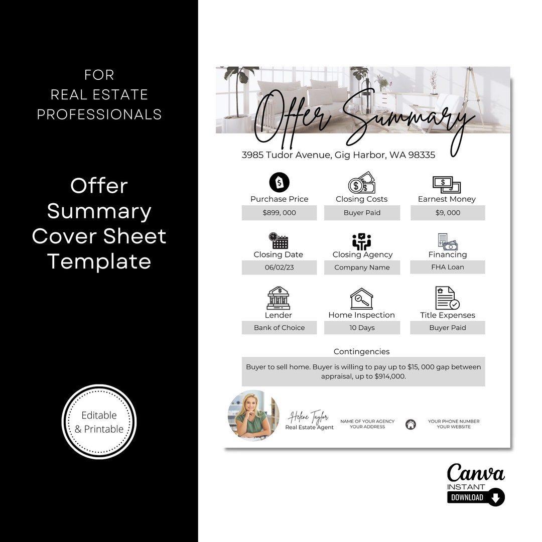 Real Estate Offer Summary, Real Estate Offer Cover Sheet, Real Estate ...