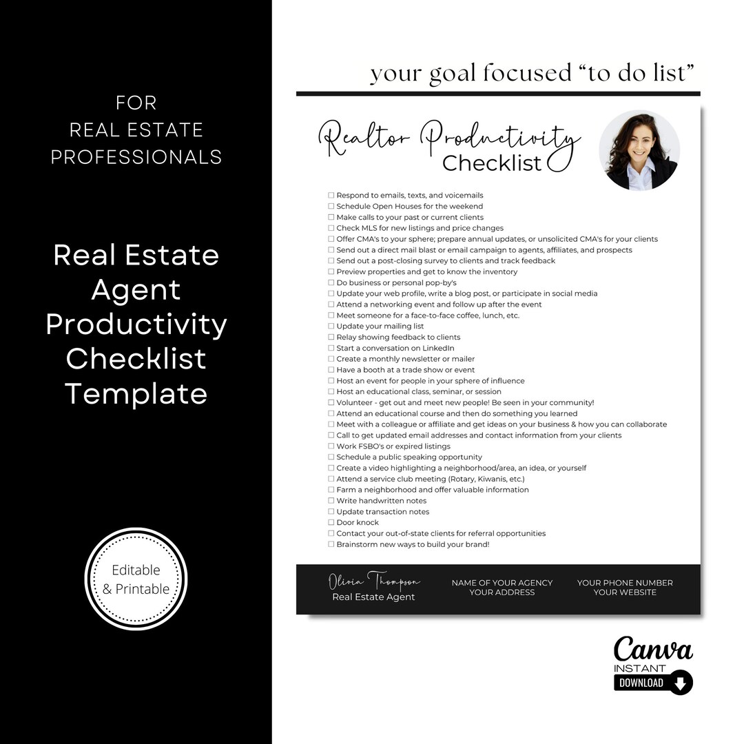 Realtor Productivity Checklist: Editable Real Estate Agent Task Manager ...