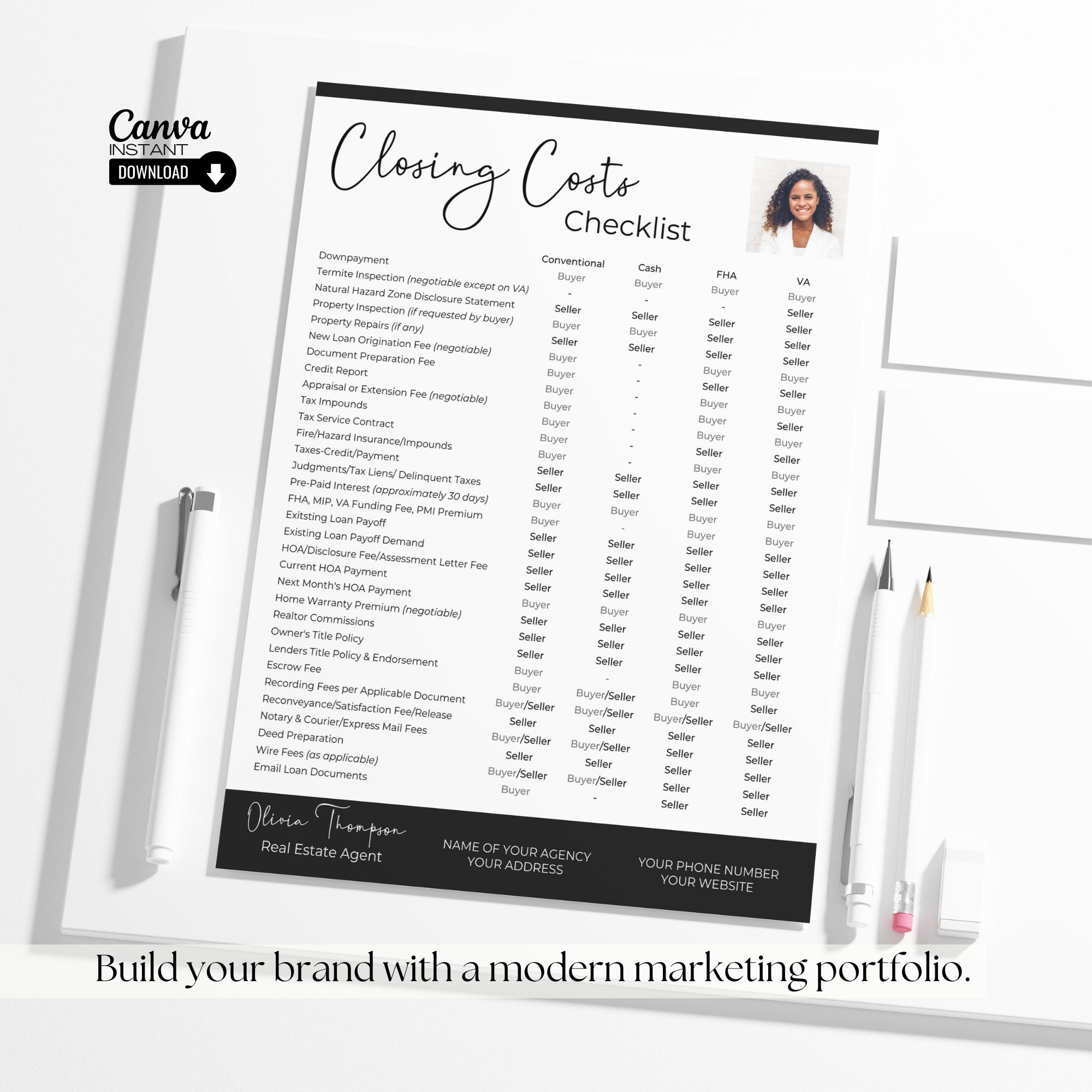 Real Estate Closing Costs Chart, Editable Closing Day Checklist ...