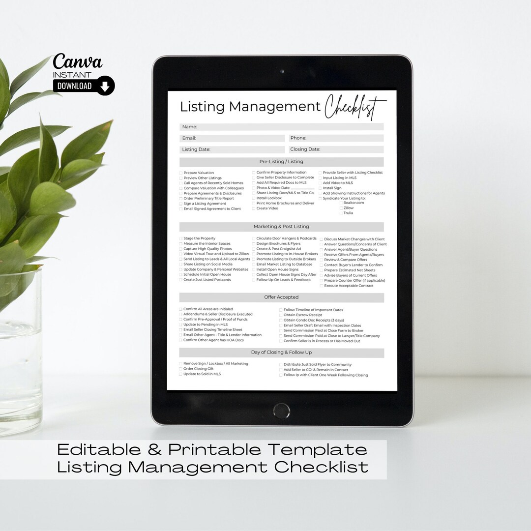 Real Estate Listing Management Checklist Template: Printable Canva Form ...
