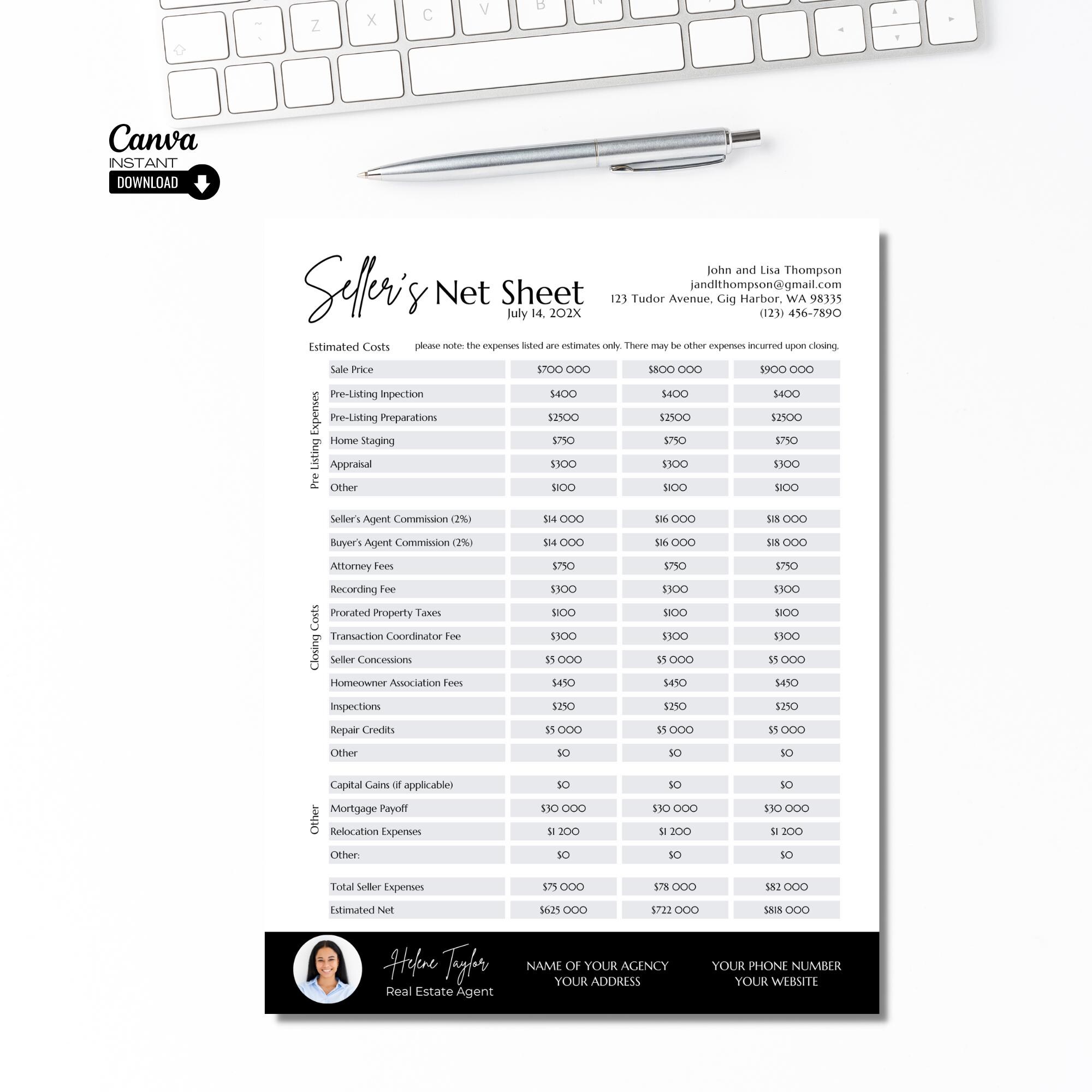 Editable Real Estate Seller's Net Sheet Template (canva) - Etsy