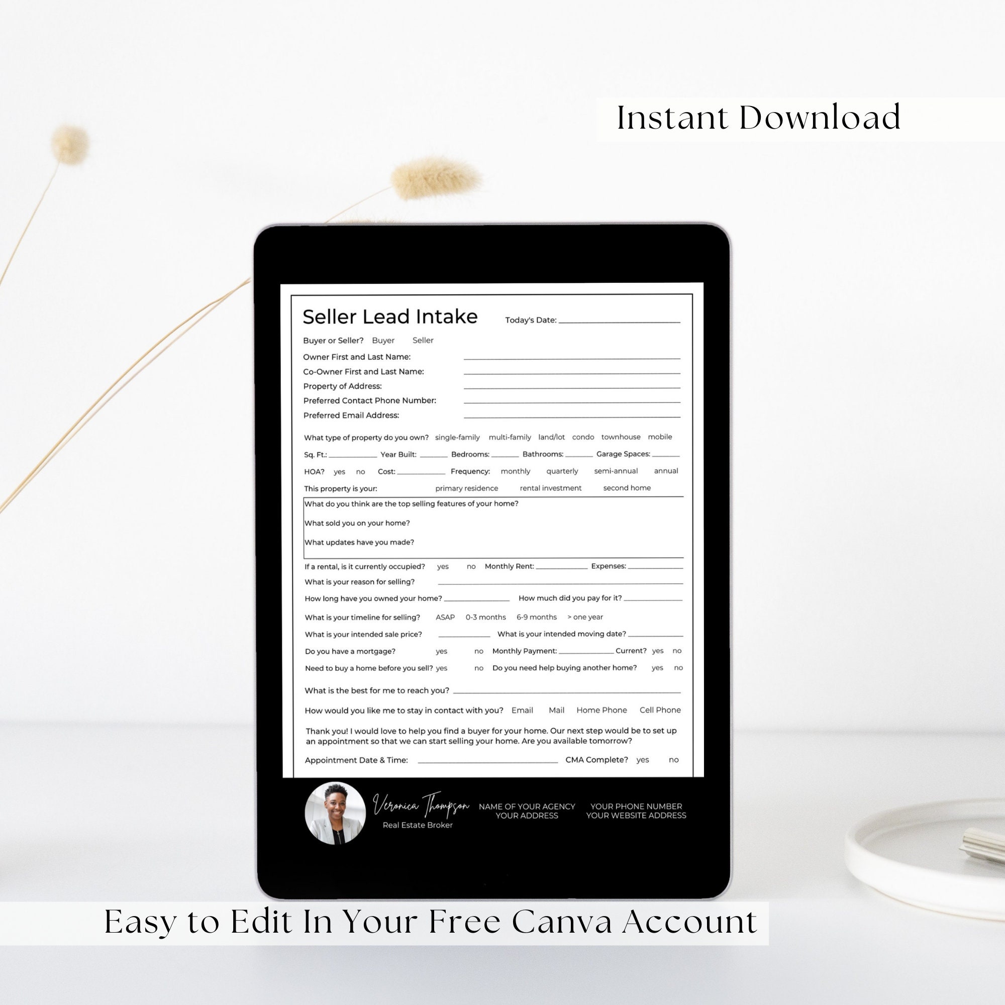 Editable Real Estate Lead Intake Sheet, Printable Seller Questionnaire ...